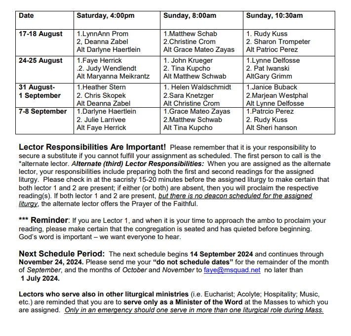 Lector Schedule – St. Joseph Parish